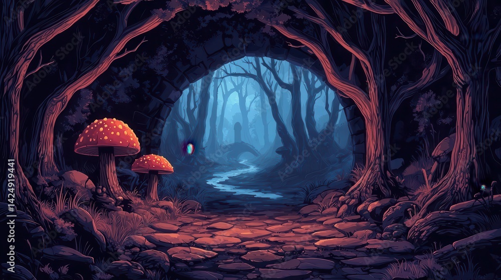 Ancient underground cavern dungeon, filled with glowing fungi, hidden ...