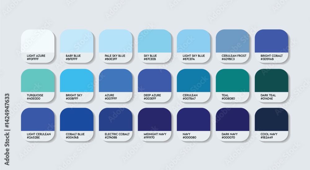 Blue Shade Color Guide Palette with color Names. Catalog Samples Sky ...