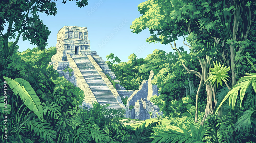 Aztec temple, olmec temple, toltec temple. vast tropical rain forest ...