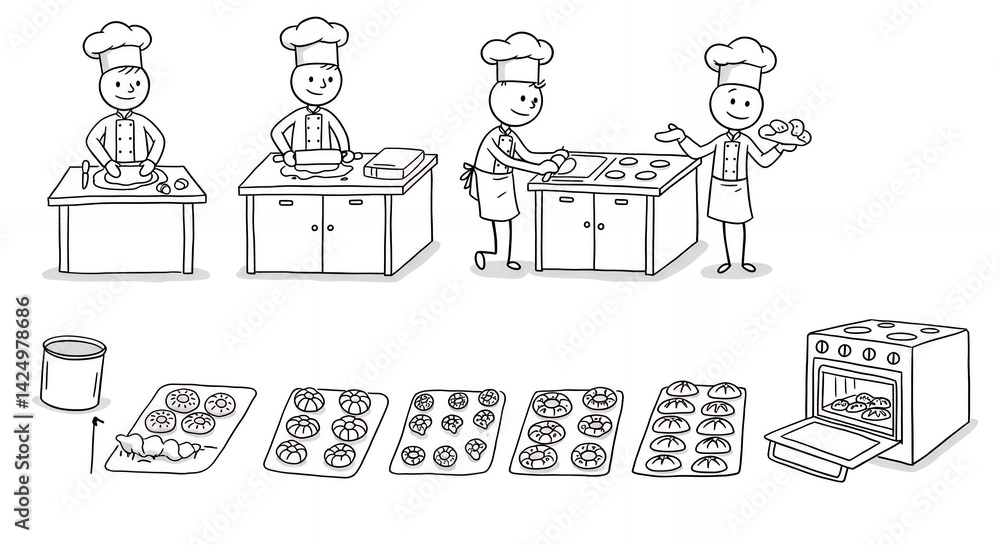 Stick Figure Chef Baking Process in Black and White Illustration ...