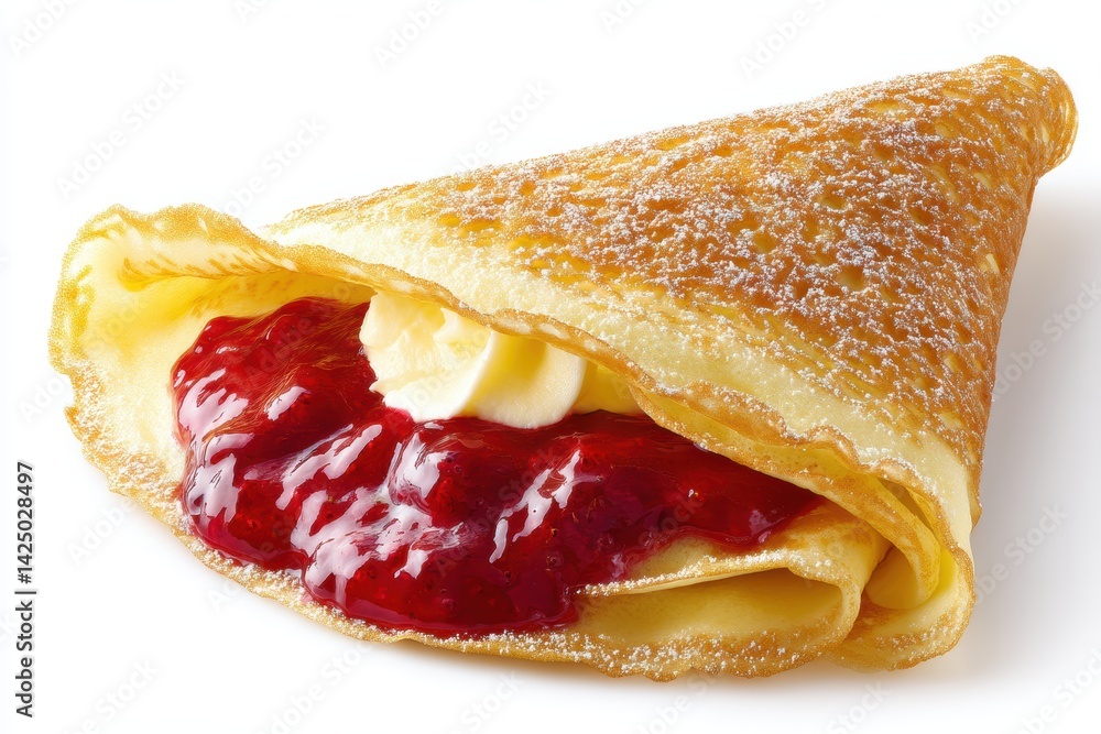 Delicious crepe with strawberry jam and cream cheese filling dusted ...