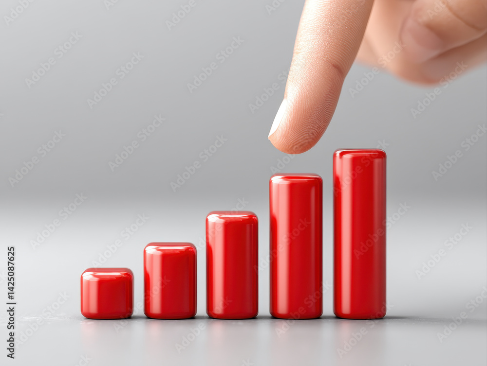 finger pointing at rising red bar chart symbolizes growth and progress ...
