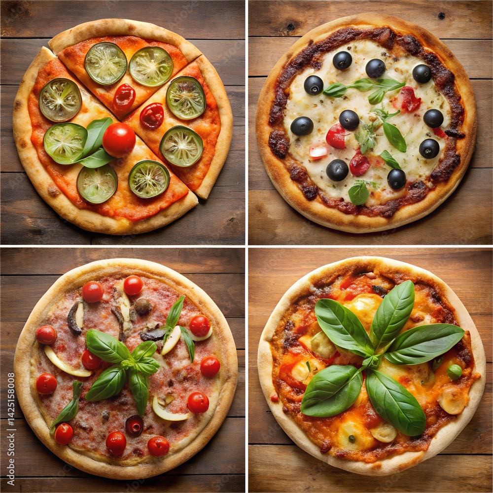 Four pizzas on bright table background designed for digital menus fast ...