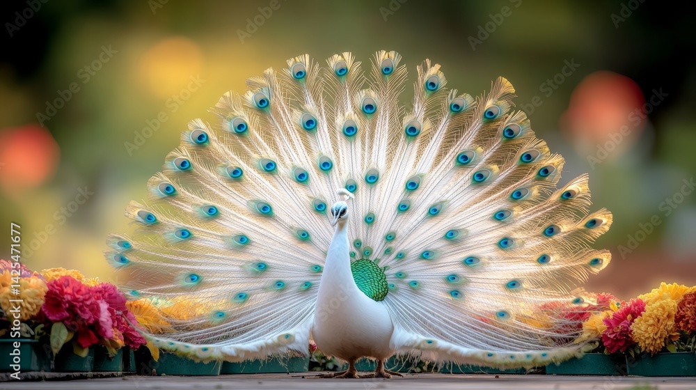 Beautiful white and blue peacock with its tail spread out. The peacock ...