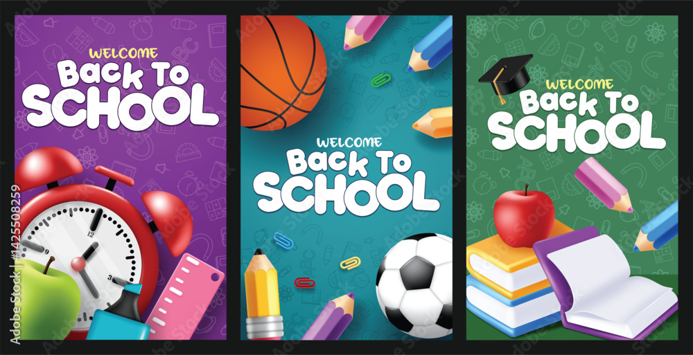 Welcome back to school greeting clipart poster set design. School text ...