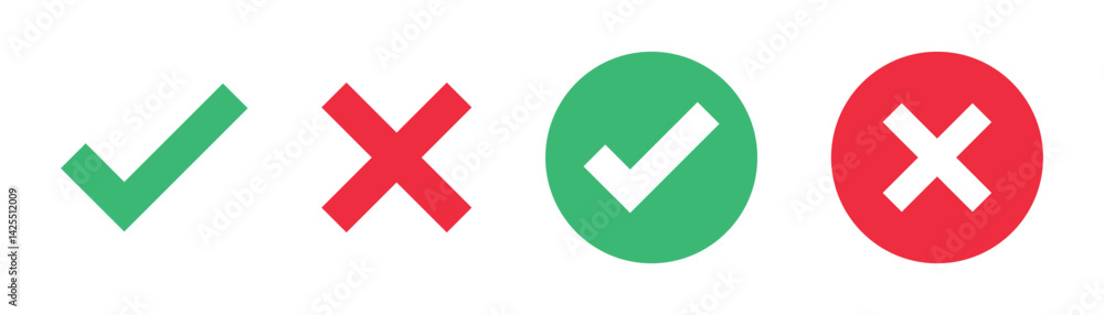Green check mark, red cross mark icon set. Isolated tick symbols ...