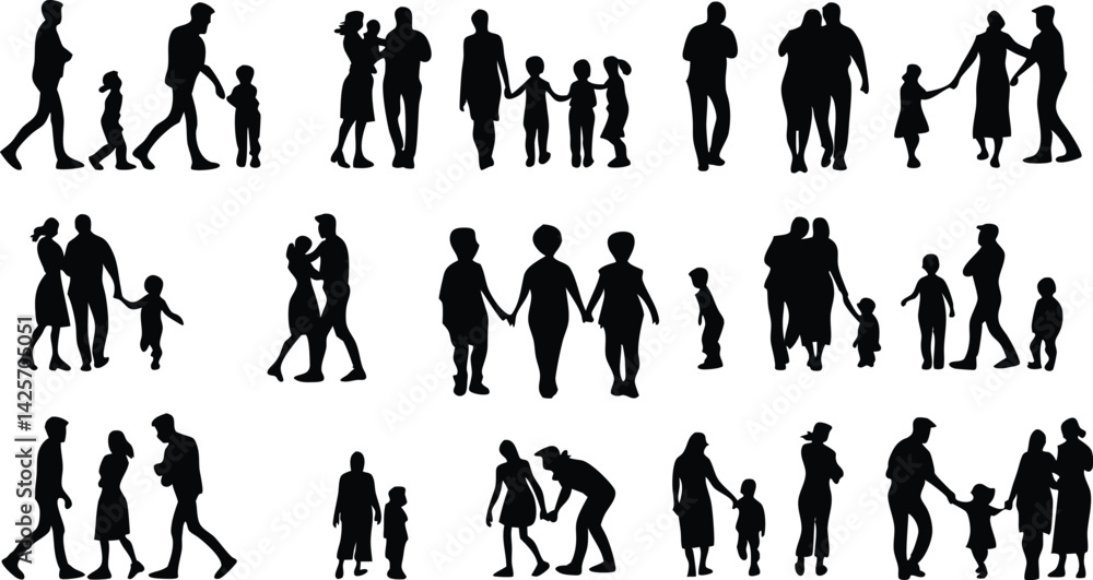 Silhouette figures, black and white illustration, diverse human poses ...