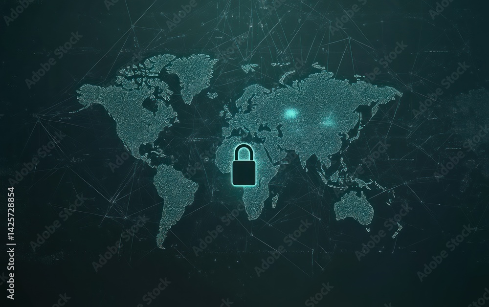 World map with a padlock symbol representing global security and data ...