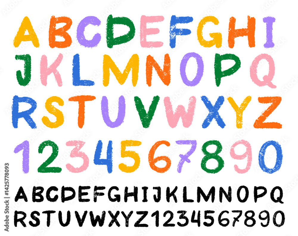Kids font crayon set. Alphabet doodle funny playful, grunge hand drawn ...