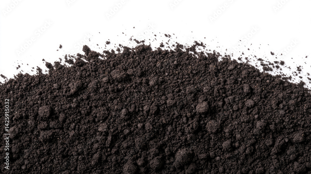 Black soil pile with fine texture and uneven surface on white ...