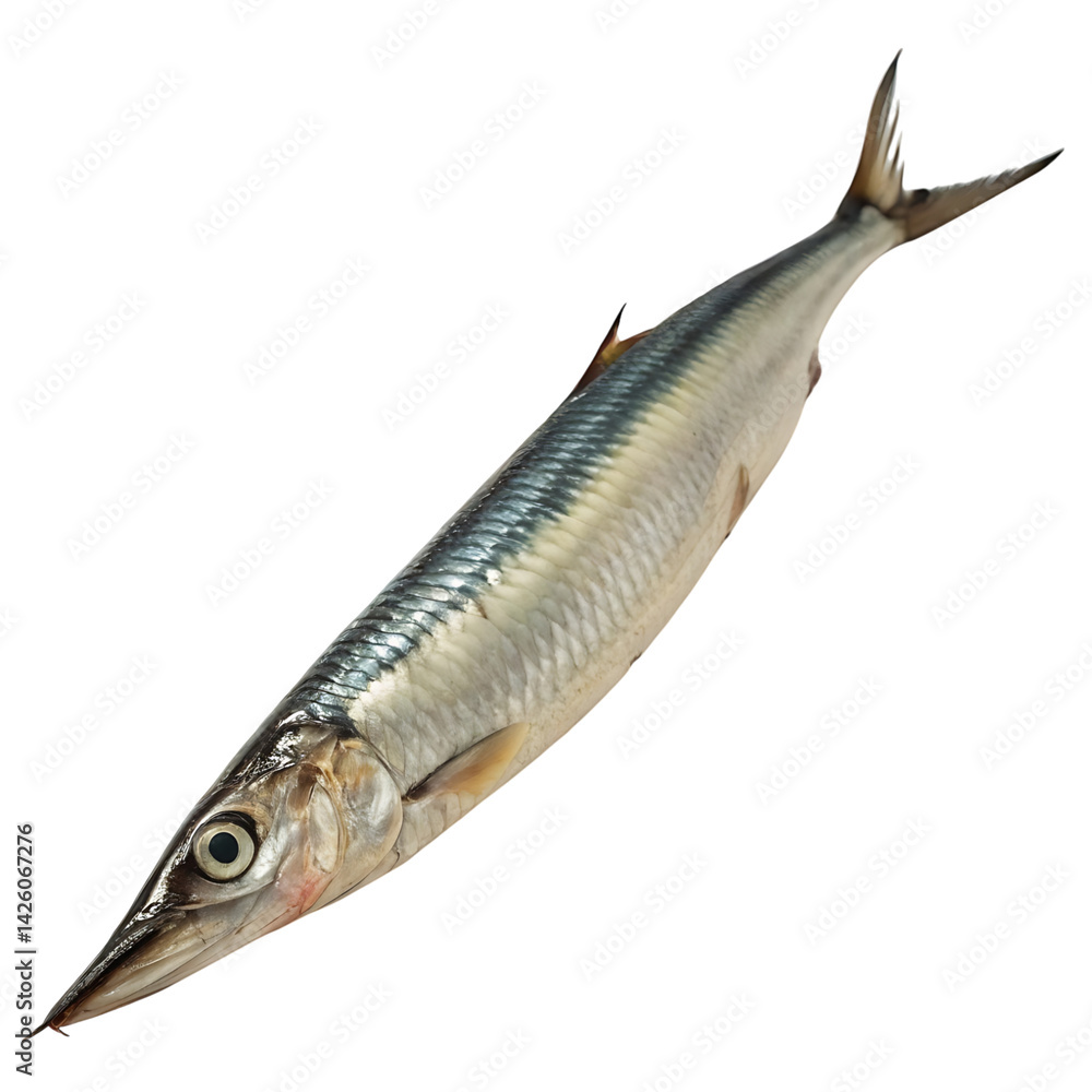 garfish Fish in transparent background.A single fresh whole garfish on ...