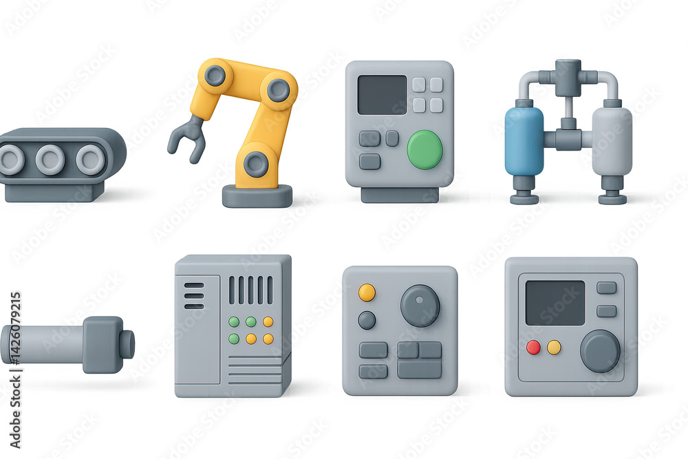Industrial automation 3d icon set – robotic and factory machine symbols ...