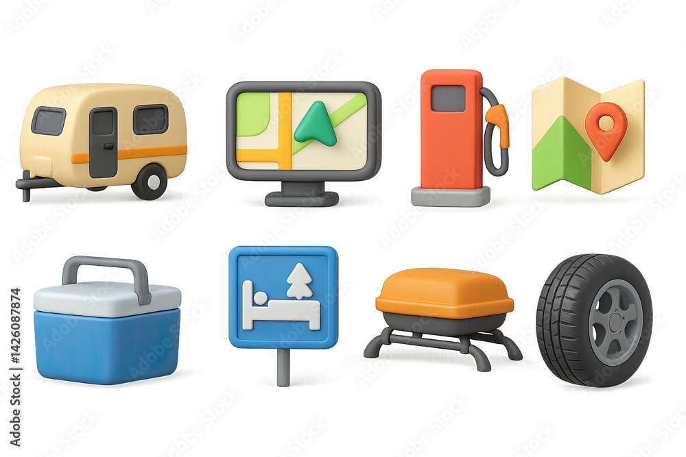 Ilustración de Stock Camping and travel 3d icon set – outdoor adventure ...