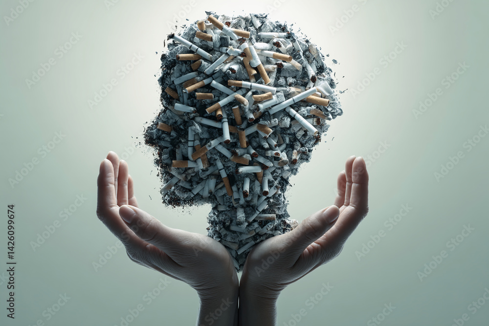 Two hands gently hold a head-shaped mass of cigarette butts and ash ...