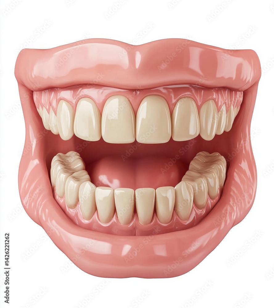 A laughing human mouth, featuring lips and teeth, as a component of the ...