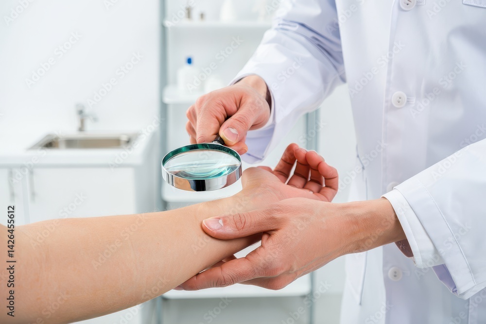 cropped view of dermatologist examining skin of patient with magnifying ...
