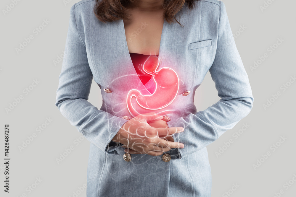 Hiatal Hernia causes upper stomach bulge, shown in medical illustration ...