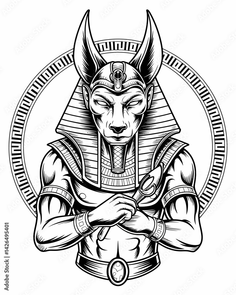 Monochrome Vector Illustration of Anubis, Ancient Egyptian God of the ...