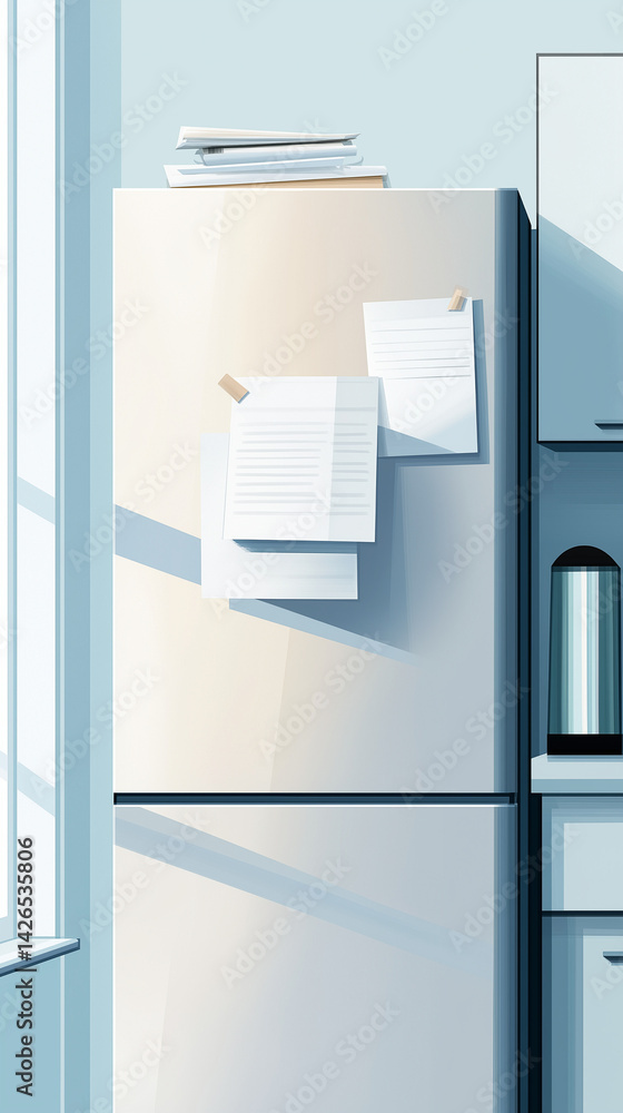 Sunlight illuminates a modern kitchen with a refrigerator displaying ...