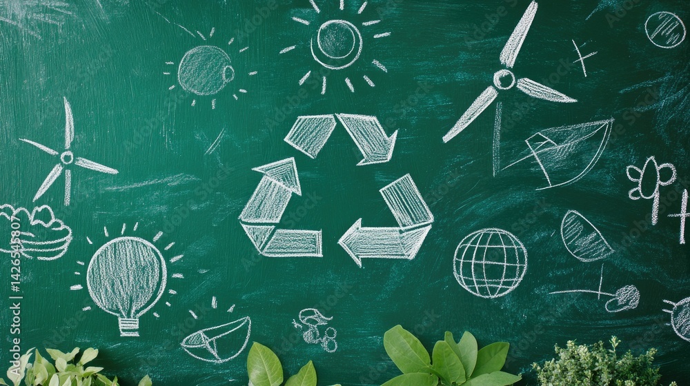 Green economy concept board with chalk drawings of eco-entrepreneurship ...