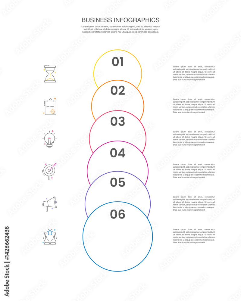 Vector timeline infographics template with six circles and options ...