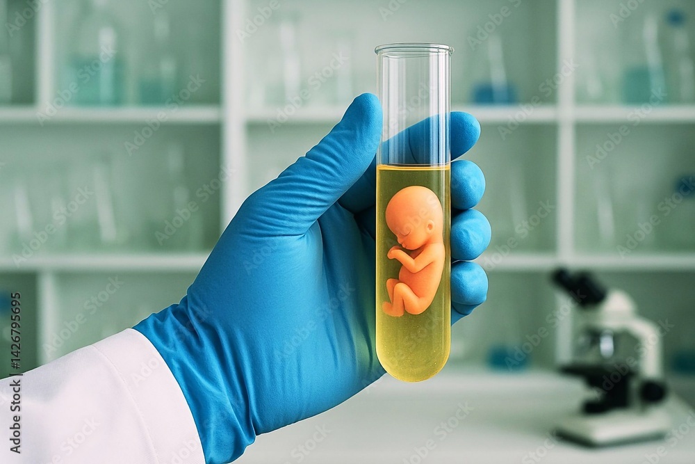 Human embryo in test tube held by scientist – concept of artificial ...