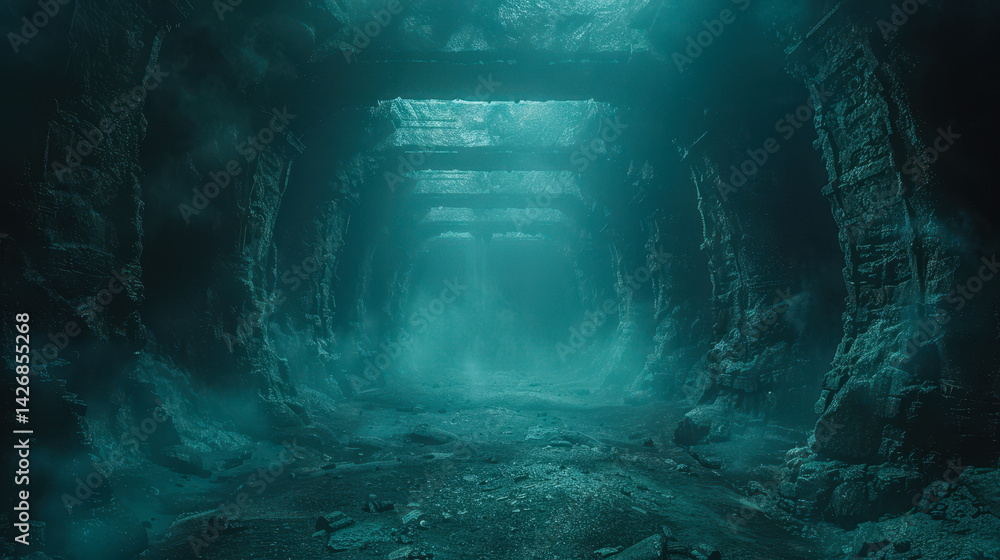 Eerie Abandoned Mine Shaft with Fog - Atmospheric Digital Painting of ...