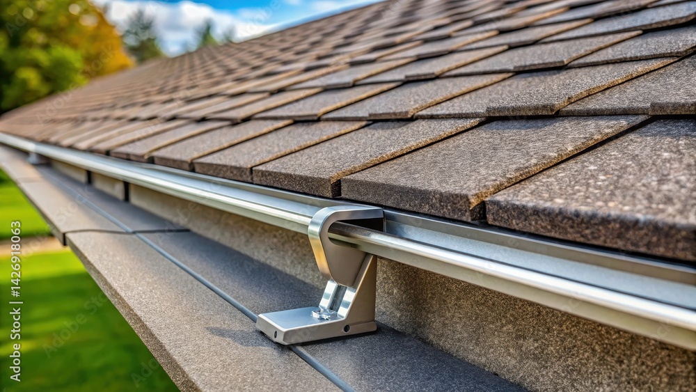 Overhanging roof gutter clips hold a large shingle in place at the edge ...