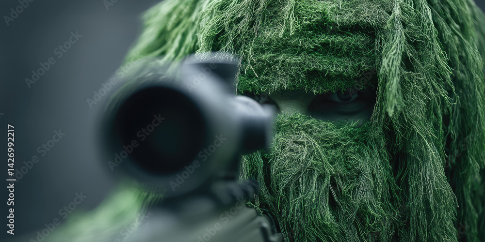 Military Sniper in ghillie suit aiming through scope in forest ...
