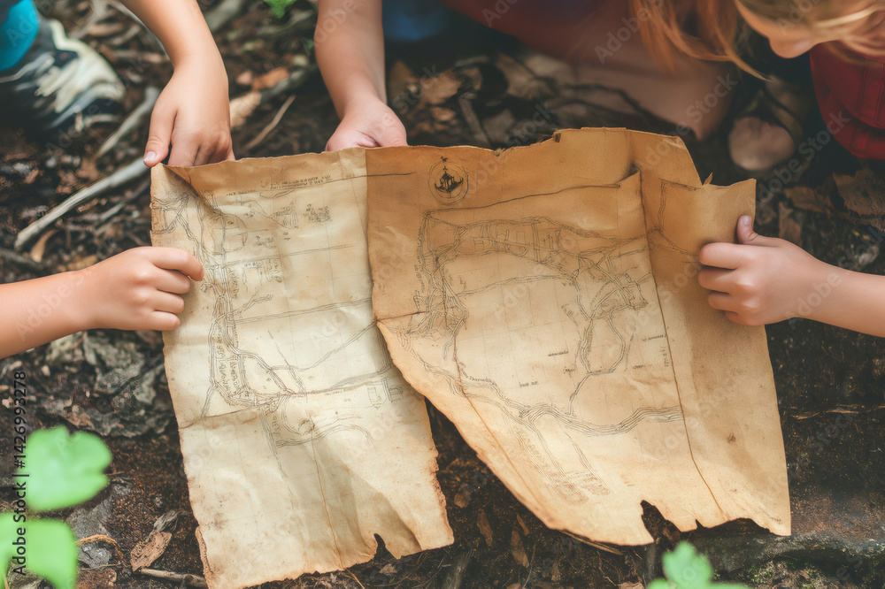 Group of children gathered around an old treasure map, excitedly ...