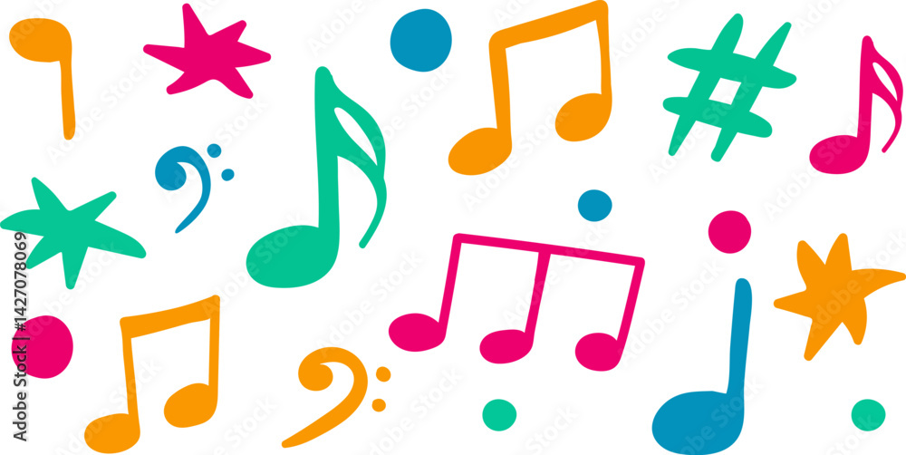 colorful hand-drawn music notes and symbols isolated on white ...