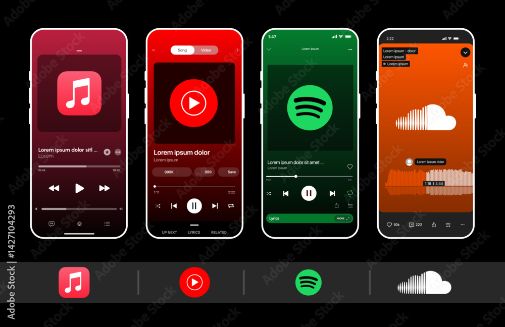 Spotify, youtube music, soundcloud, apple music mockup template ui. Music streaming services ui ...