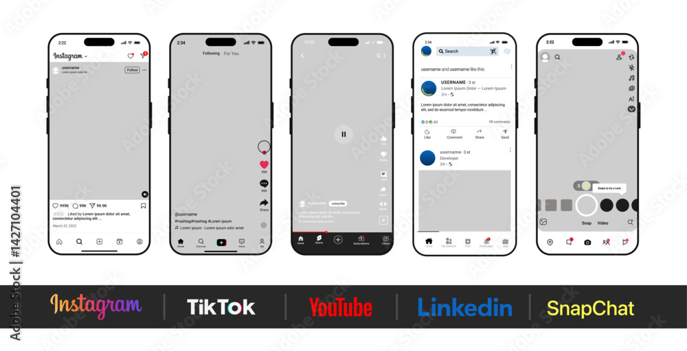 Instagram, YouTube, TikTok, Snapchat, LinkedIn UI mockup 2025 ...