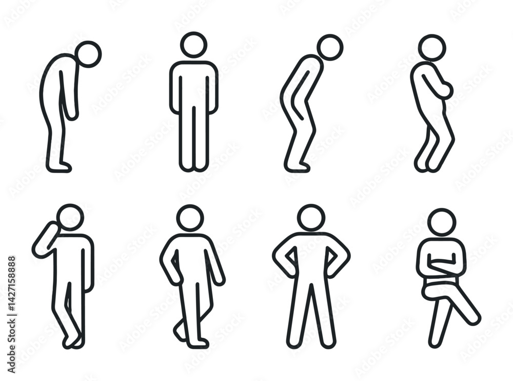 Body language outline icon set – flat style nonverbal communication ...