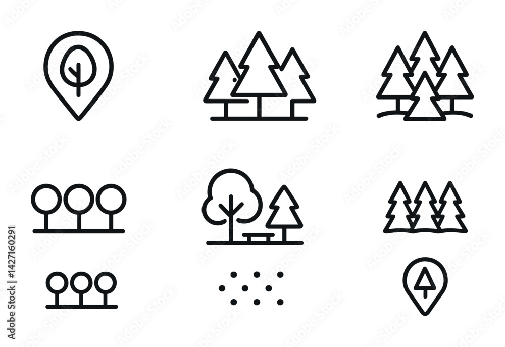 Vetor Forest and nature icon set – outline style environmental and ...