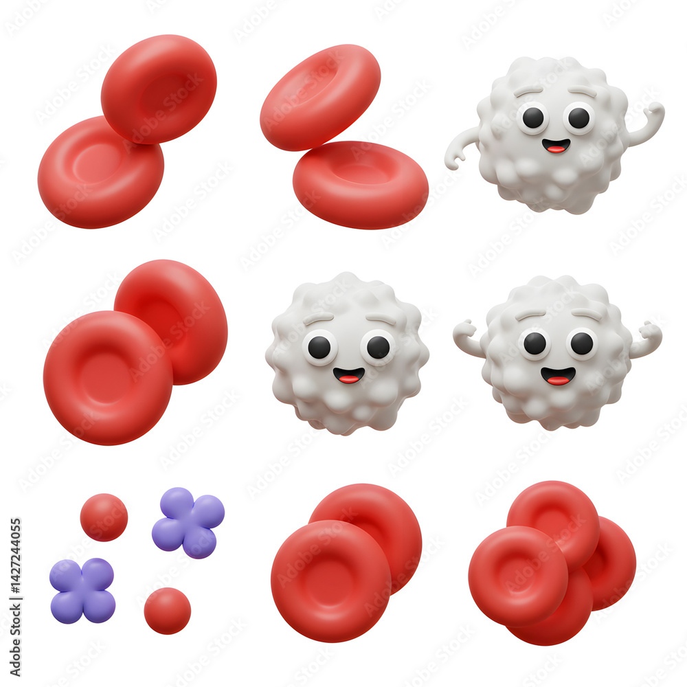3D blood cells icon set, including red blood cells, white blood cells ...