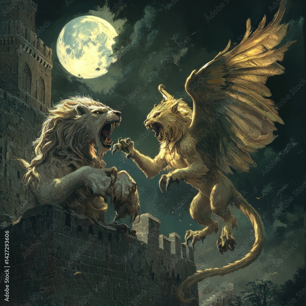 Mythical creatures clashing at night. A lion and griffin face-off atop ...