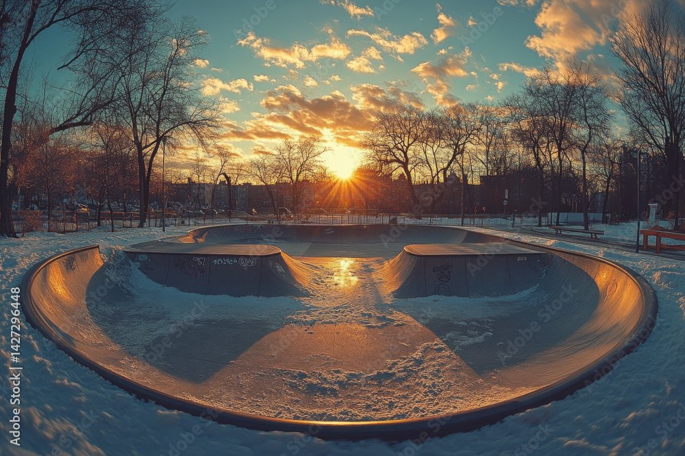 Skate park with snow-covered ground, empty ramps and rails, winter ...