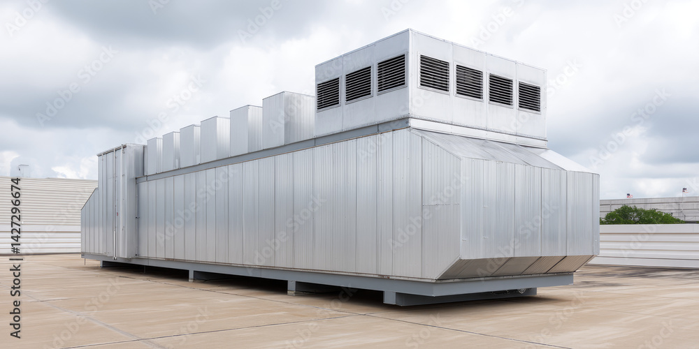 Large metallic air ventilation unit with grilles is installed on a flat ...