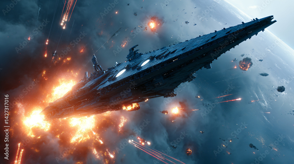 Warship in Battle: Explosions and Lasers Against a Planet Background ...