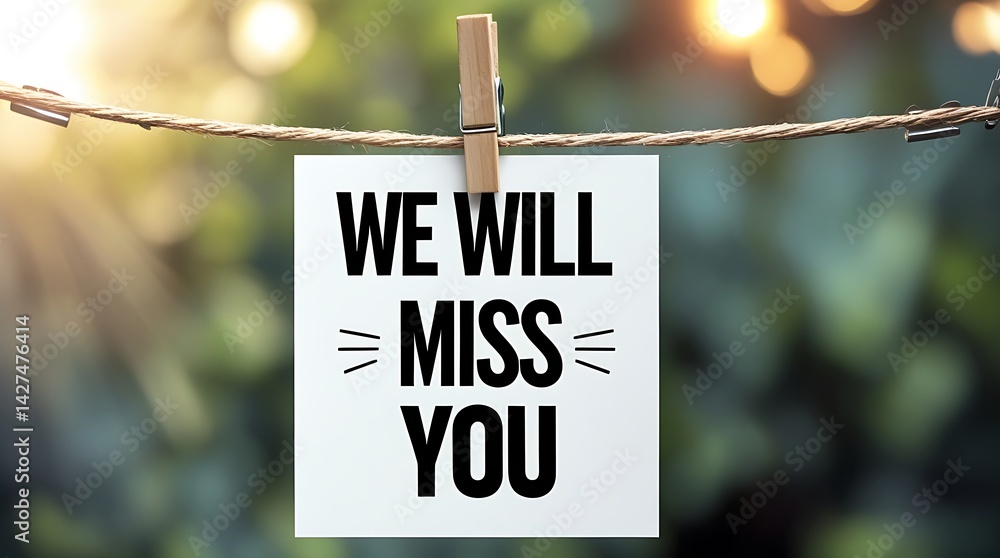Farewell message card with "We Will Miss You" text hanging on a rope ...