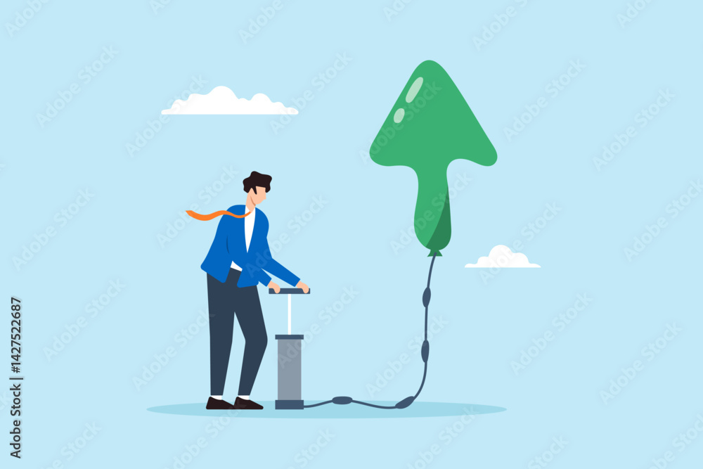Flat illustration of businessman inflates air pump into floating green ...
