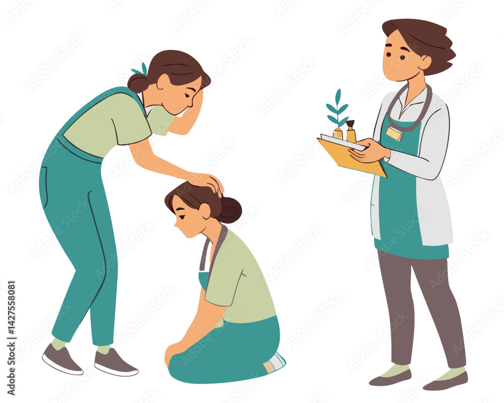 Cartoon Illustration: Woman Helping Fainting Colleague, Doctor Taking ...