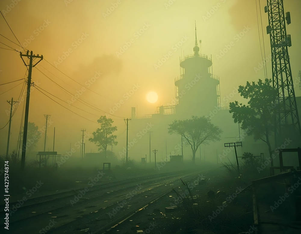 hazy atmospheric scene of tall construction tower through fog with industrial semi-urban setting ...