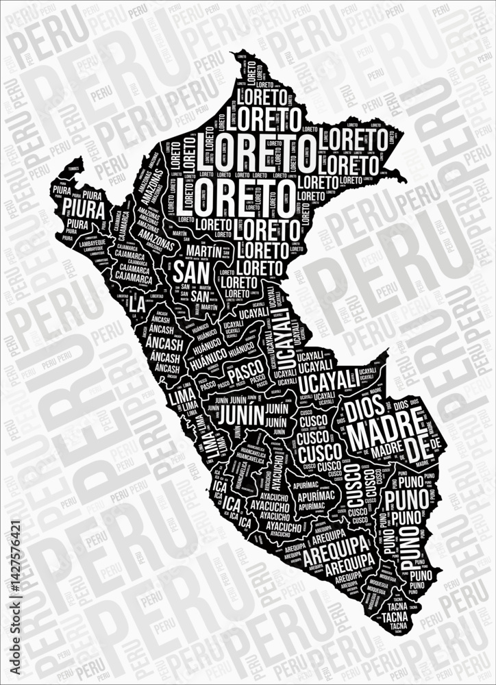 Peru regions map word cloud. Peru region names. Black and white map ...