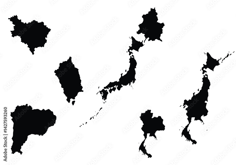 Asian countries silhouette. This image shows a black silhouette of the ...