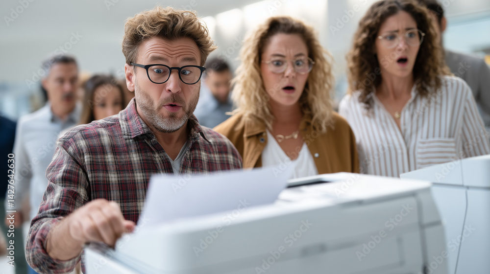 Office Printer Malfunction: A group of office workers stand shocked as ...