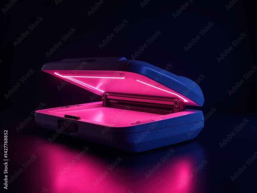 Foto de Stock neon White box with a pink light inside. The box is open ...
