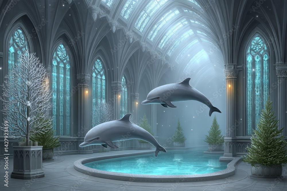 Gothic ocean depths scene where sea creatures flee from ghostly ...