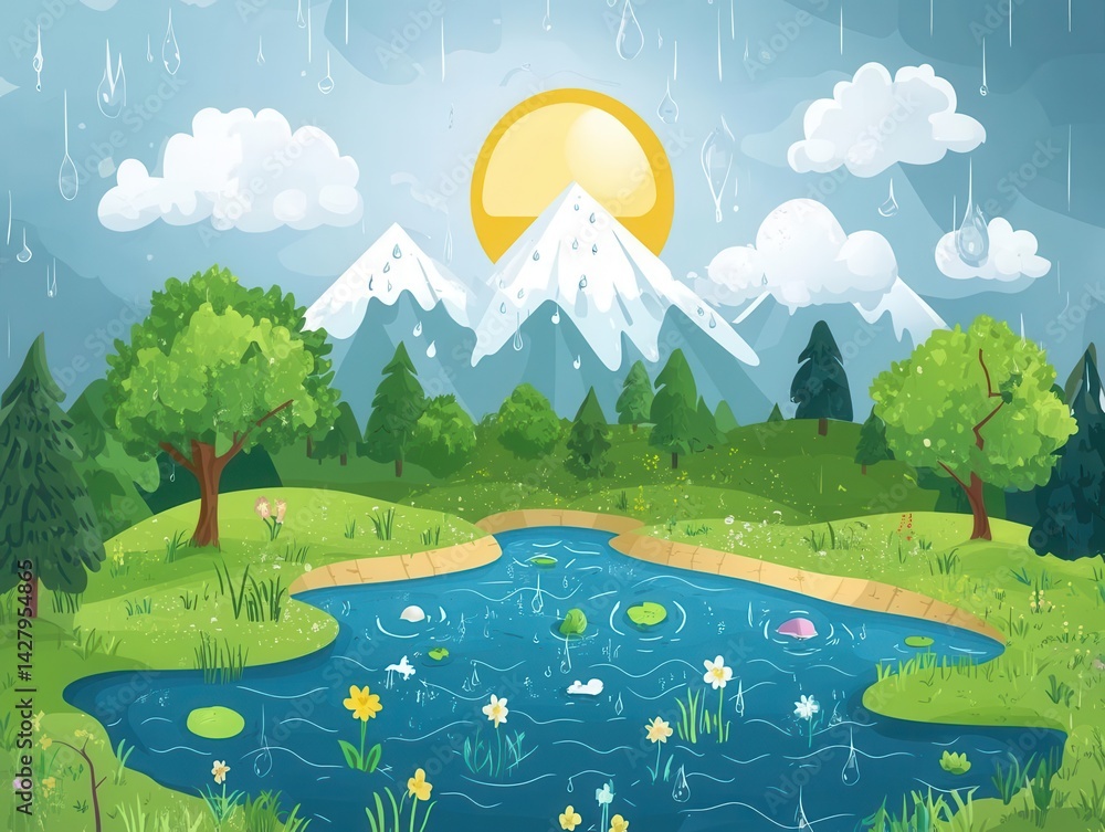 Diagram illustrating the water cycle, realistic, evaporation ...